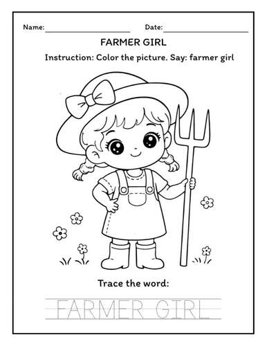 Farm Animals Color and Trace Worksheets | Preschool Kindergarten Vocabulary