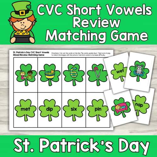 St. Patrick's Day CVC Short Vowels Mixed Matching Game Kinder 1st 2nd ...