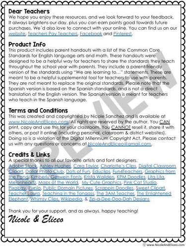 Kindergarten Common Core Standards Parent Handouts by Nicole and Eliceo