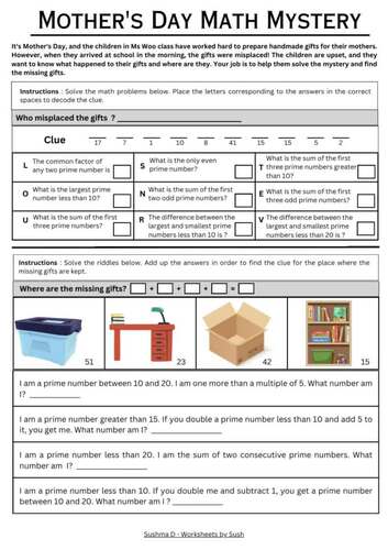 Mothers Day Math Mystery - Prime Numbers by Worksheets and Cliparts by Sush