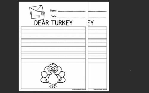 November Writing Activity - Letter to a Turkey - No Prep Worksheets