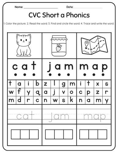 CVC Phonics Worksheets - Short a e i o u - Kindergarten First Grade ...