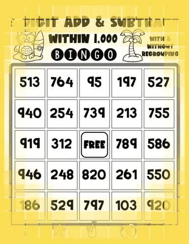 Summer Math Bingo 3-Digit Add & Subtract Within 1000 | With & Without ...