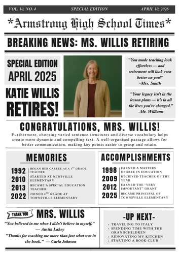 School Admin Retirement Newspaper Template: Editable Canva Tribute