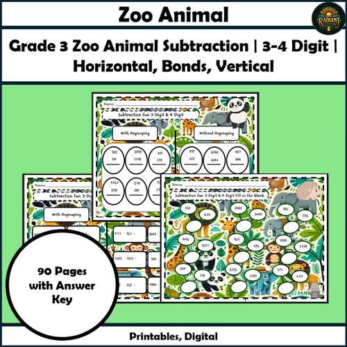 Grade 3 Zoo Animal Subtraction Math 3 4 Digit Regroup No Regroup Number ...