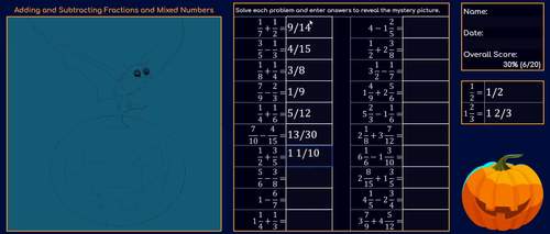 Halloween Adding & Subtracting Fractions & Mixed Numbers Mystery ...