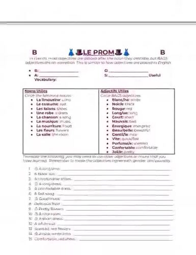 Le Prom - French Prom BAGS Adjectives *Differentiated* Tactile Activity