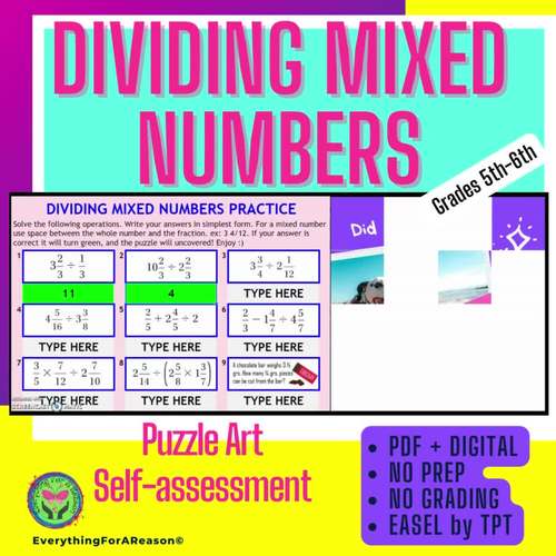 Dividing Mixed Numbers Self-checking Puzzle Activity + PDF + EASEL
