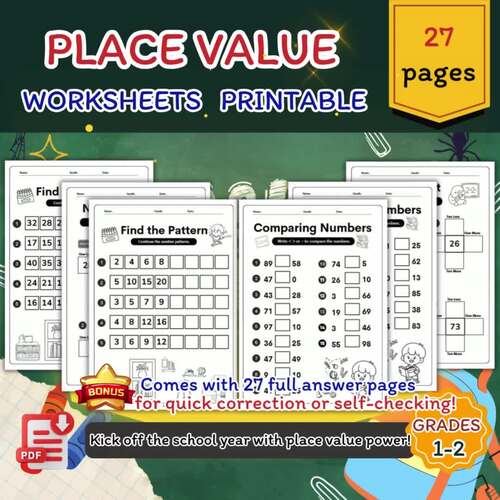 Back to School Place Value Worksheets for 1st & 2nd Grade No prep 27 pages