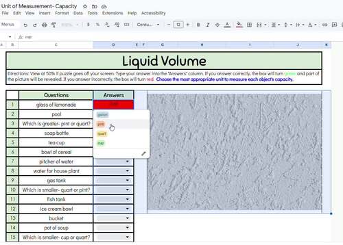 Liquid Volume | Self-Checking Google Sheets Activity | US Customary Units
