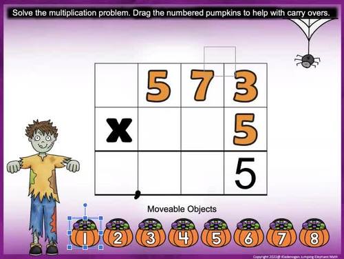 Halloween 3 Digit by 1 Digit Multiplication Google Slides and Worksheets