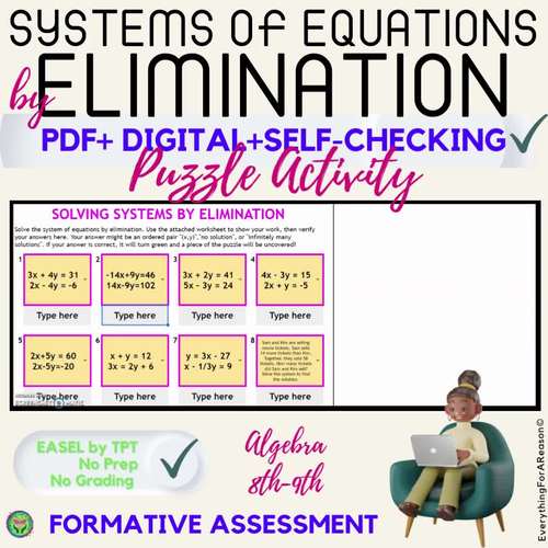 Systems of Equations by Elimination Puzzle Activity - Self-checking + PDF