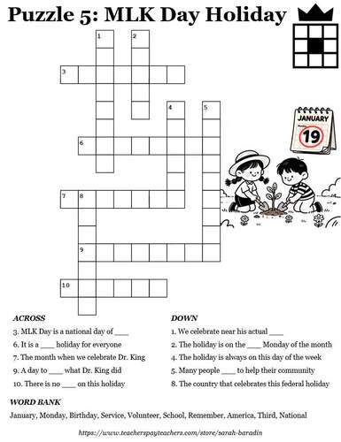 Martin Luther King Jr. Day Crosswords Puzzle With Word Bank Pack 1 ...
