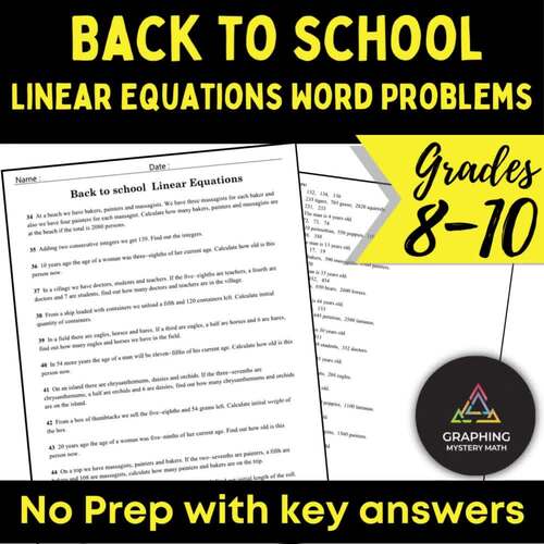 Back to school Linear equations word problems with key answers No Prep Math