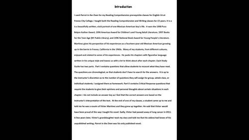 Parrot in the Oven Reading Comprehension and Critical Response Study Guides