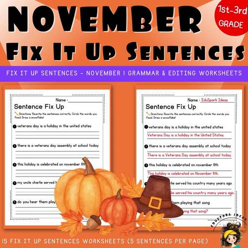 Fix It Up Sentences – NOVEMBER | Grammar & Editing Worksheets for 1st ...
