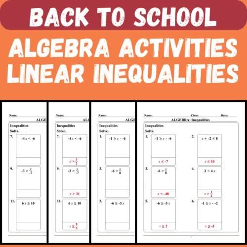 Back to School Activities Solving Inequalities Worksheets Grade 9th No Prep