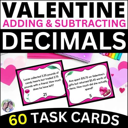 Valentines Day Adding and Subtracting Decimals Math Task Cards Tenths ...