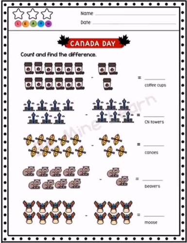 Canada Day: Reading, Writing, Adding, Subtracting, Coloring (with answers)