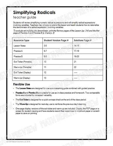 Simplifying Radicals Lesson by Math Beach Solutions | TpT