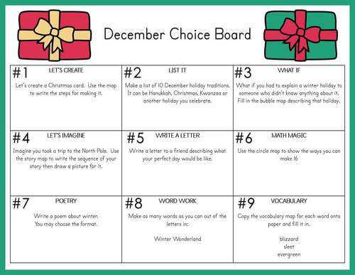 December Activity Choice Board by Cindy's Treasures | TPT