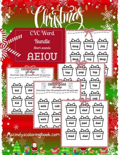 Christmas CVC Word AEIOU Short Sounds Worksheets by Ms Cindys Coloring Book