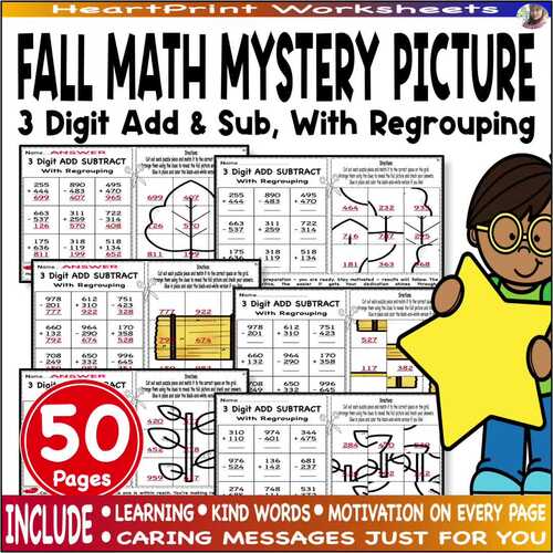 Fall math mystery picture, 3 digit mixed Addition & Subtraction with ...