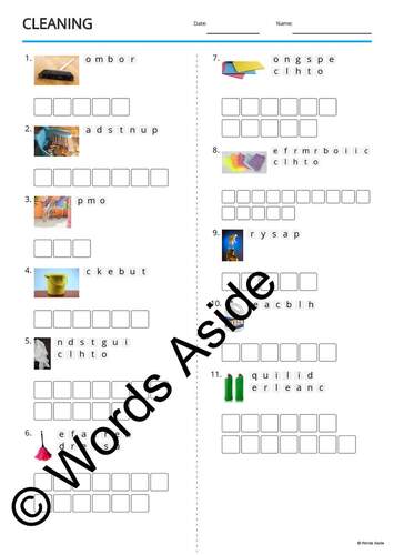 Vocabulary Worksheets Flash Cards Crossword Word Search Anagram CLEANING