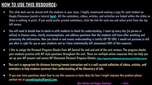 AP Biology Unit 1 - Chemistry of Life Lessons and Notes - NO PREP
