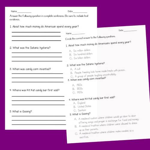 History of Halloween Candy Nonfiction Reading Comprehension Passage