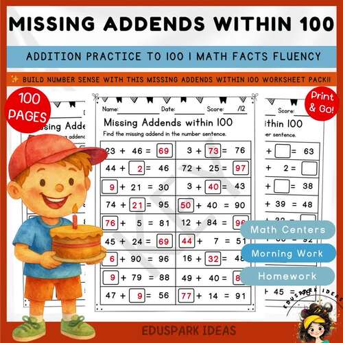 Missing Addends within 100 Worksheets | Addition Practice to 100 | 1st ...