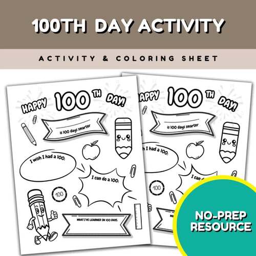 100 Days of School Coloring Sheet, Preschool 100th Day of School Craft