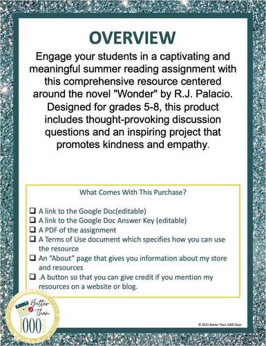 Wonder by R.J. Palacio Summer Reading Assignment Questions and a Project
