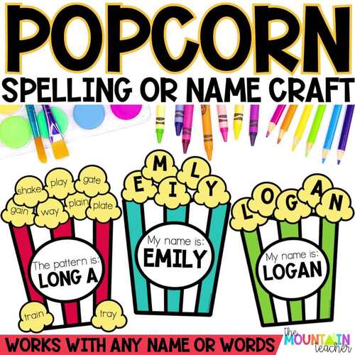 Editable Popcorn Name Writing Practice Craft & Spelling Word Phonics ...
