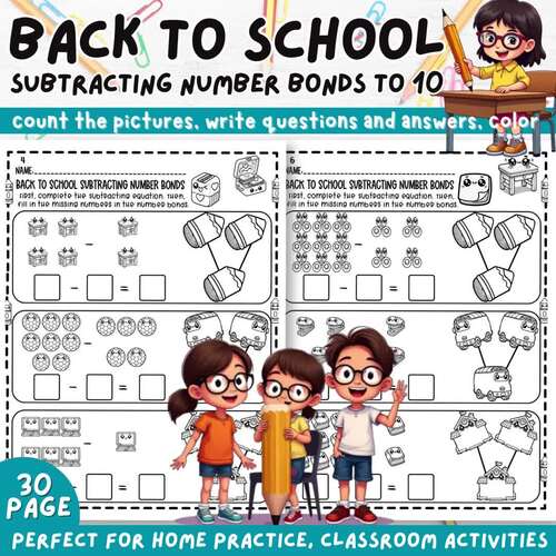 Subtracting Number Bonds within 10 Worksheets, Back to School Math Activity