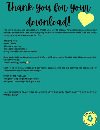 End of the Year-Spring Multiplication Review Riddles! 1-3 digit ...