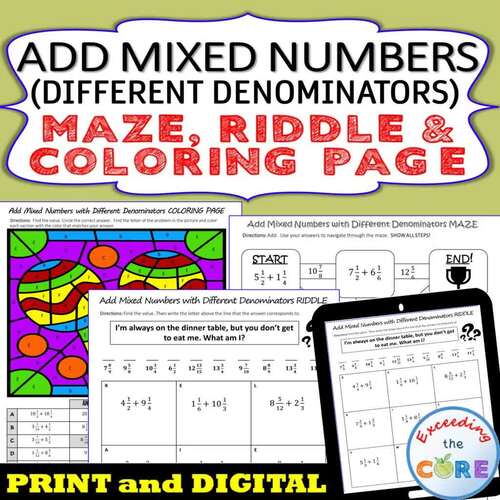 ADD MIXED NUMBERS W/ UNLIKE DENOMINATORS Maze, Riddle, Coloring Page