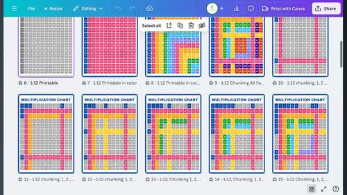Multiplication Chart Pack - 42 Versions - Color Coded for Chunking & Mastery