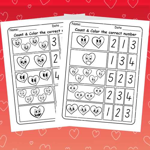 Valentines Day Math Worksheets: Count & Color Numbers 1-5 for Preschool
