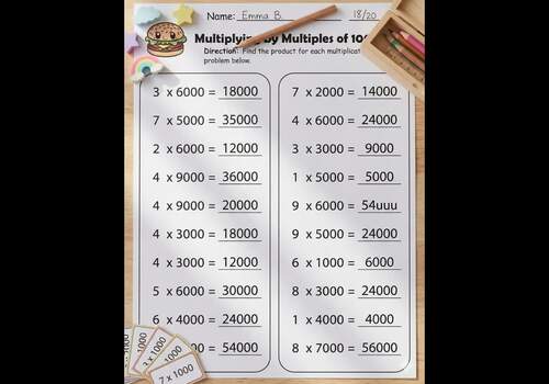 Multiplying by Multiples of 1000 Worksheets | 1-Digit × Thousands Practice