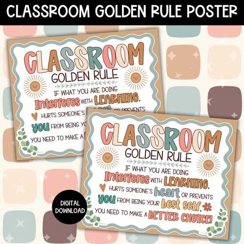 Boho Classroom Golden Rule Poster, Behavior Expectations Chart, Class ...