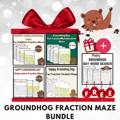 Groundhog Day Fraction Maze Bundle (Add, Subtract, Multiply, Divide ...