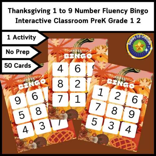 Thanksgiving 1 to 9 Number Fluency Bingo Interactive Classroom PreK ...