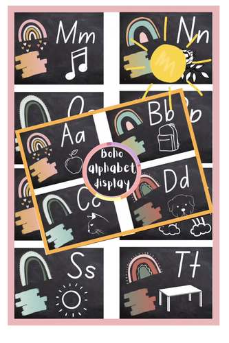 Boho, natural, rainbow alphabet display. by Bees and trees education