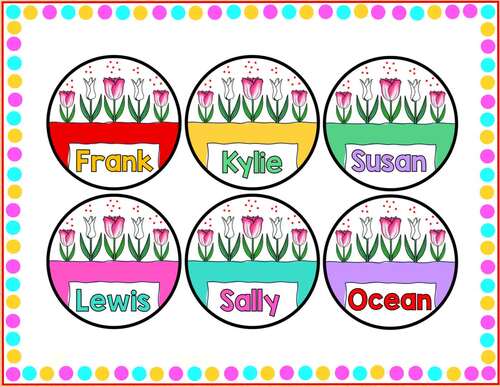 Spring Nametags, Unique Bright Tulip Student Name Labels, Floral Name Signs