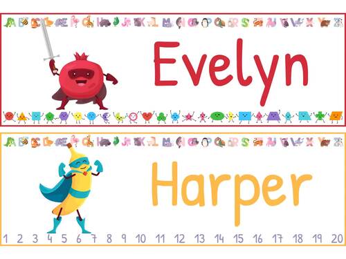 Fruit Superhero Student Desk Plates: 30 Editable Designs with PowerPoint