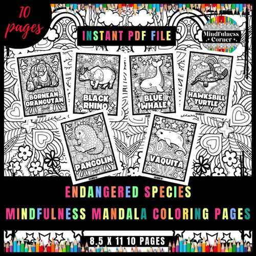 Endangered Species Mindfulness Mandala Coloring Pages, Earth Day Printable