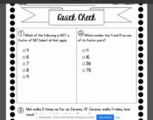 4th Grade EnVision Math Quick Checks/Exit Ticket - Topic 7 (Factors ...