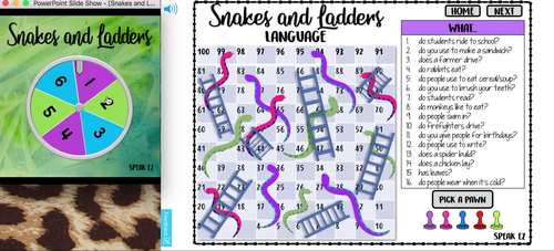 Snakes and Ladders Interactive Boom Card Game for Language with Spinners