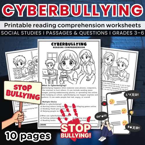 Cyberbullying Reading Comprehension Worksheets, SEL Passages with Questions